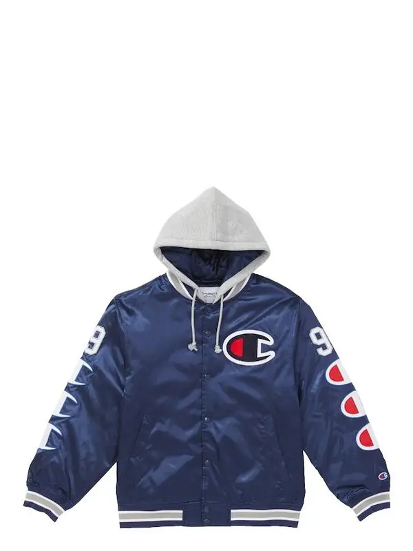 Supreme X Champion Hooded Satin Varsity Jacket - Navy Blue
