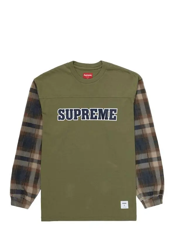 Supreme Plaid Sleeve Long Sleeve Tee Shirt - Light Olive