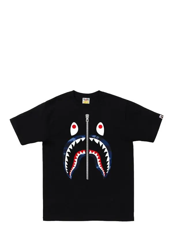 A BATHING APE Camo Shark Tee Shirt - Black Blue
