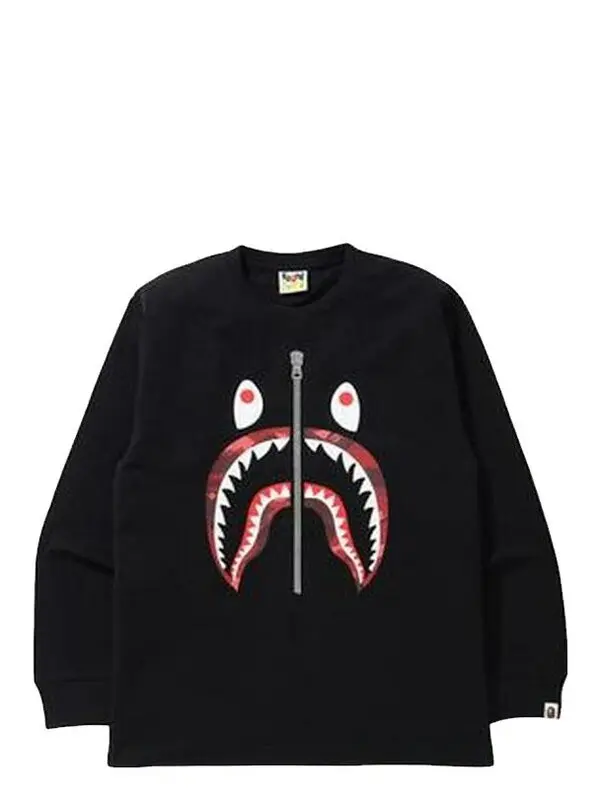 A BATHING APE Camo Shark Long Sleeve Tee Shirt - Black/red