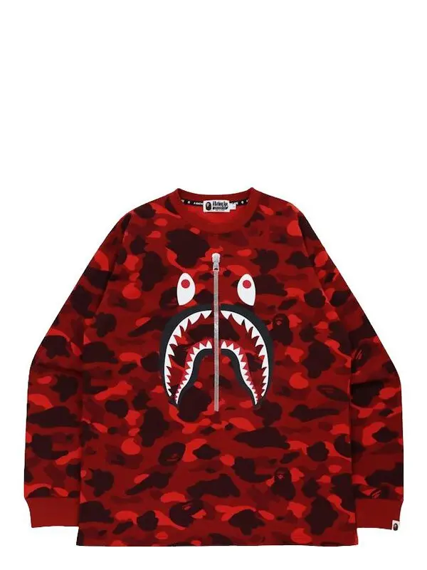 A BATHING APE Camo Shark Relaxed Fit Long Sleeve Tee Shirt - Red