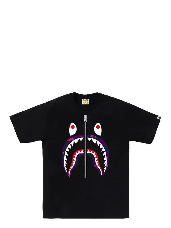 A BATHING APE Camo Shark Tee Shirt - Black/purple