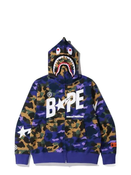 BAPE X Heron Preston Mix 1st Camo Shark Full Zip Hoodie - Purple