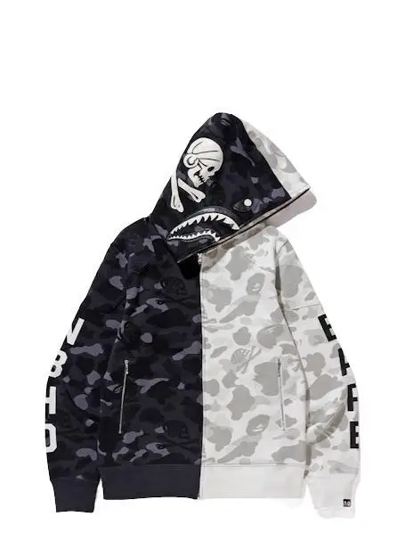 BAPE X Neighborhood Split Camo Shark Zip Hoodie - Black/white