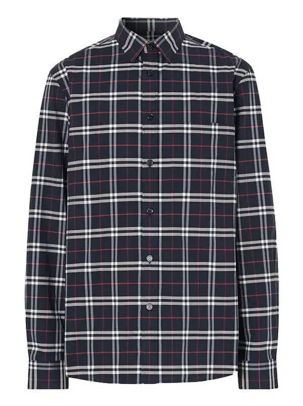Burberry Small Scale Check Stretch Cotton Shirt - Navy Blue