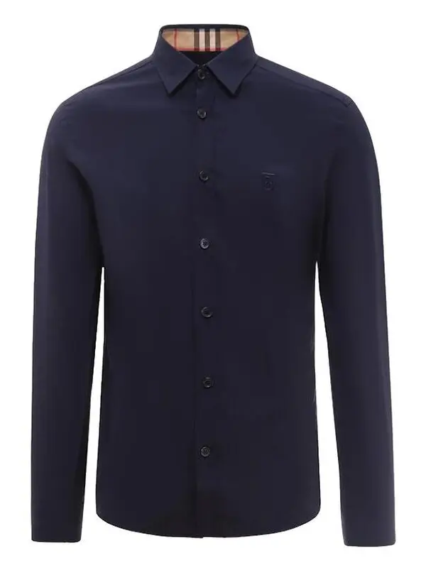 Burberry Slim Fit Monogram Motif Stretch Cotton Poplin Shirt - Navy Blue