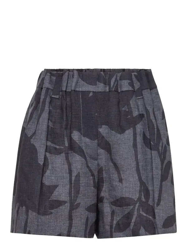 Brunello Cucinelli Ramage Print Linen Mini Shorts - Grey