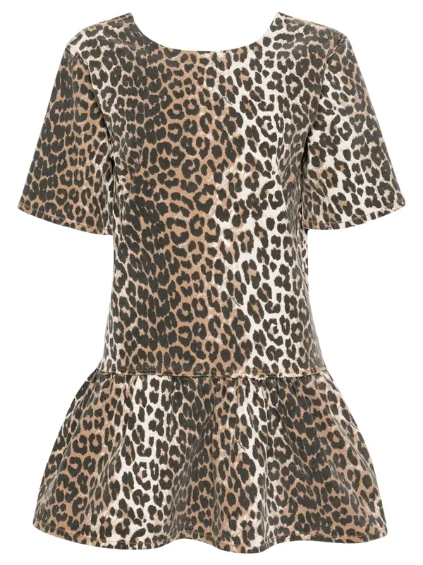GANNI Leopard-print Denim Mini Dress - Brown
