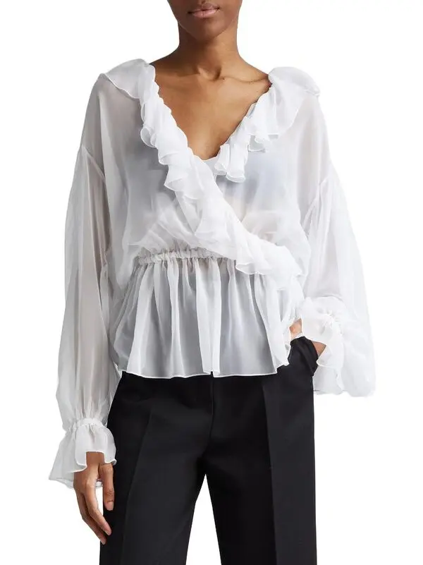 Dolce & Gabbana Ruffle Silk Chiffon Top - Bianco Ottico