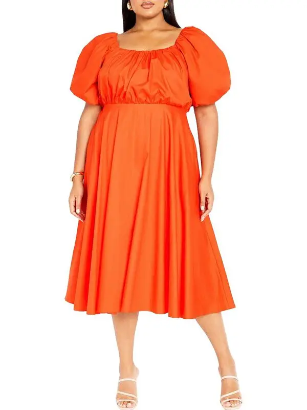 City Chic Rosabella Puff Sleeve Midi Dress - Tangerine Tango