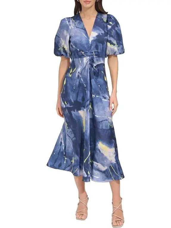 Dkny Print Puff Sleeve Satin Midi Dress - Fluoro Yellow/inky Blue Multi