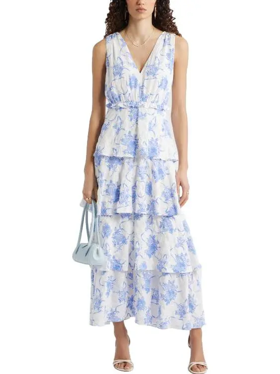 Chelsea28 Floral Tiered Maxi Dress - Ivory- Blue Antoinette Floral