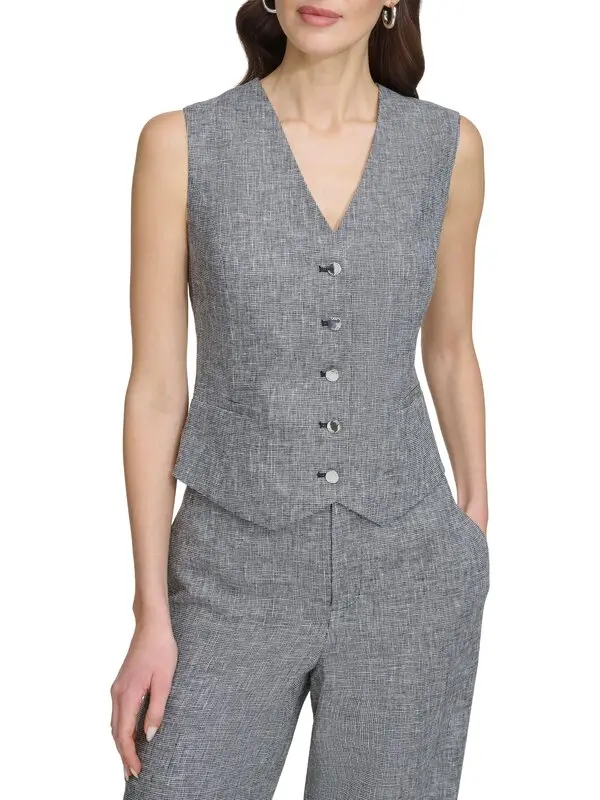 Dkny Microcheck Linen-blend Suiting Vest - Black/ White