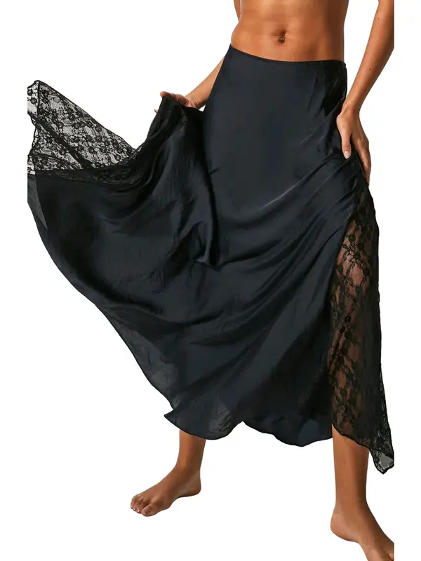 Free People Lace Inset Satin Maxi Slip Skirt - Black