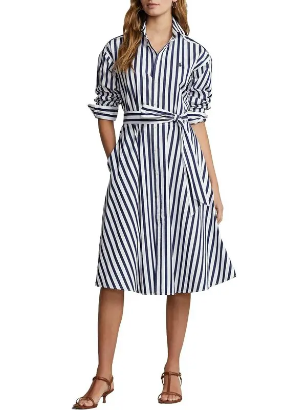 Polo Ralph Lauren Stripe Long Sleeve Cotton Shirtdress - 970a Navy/white