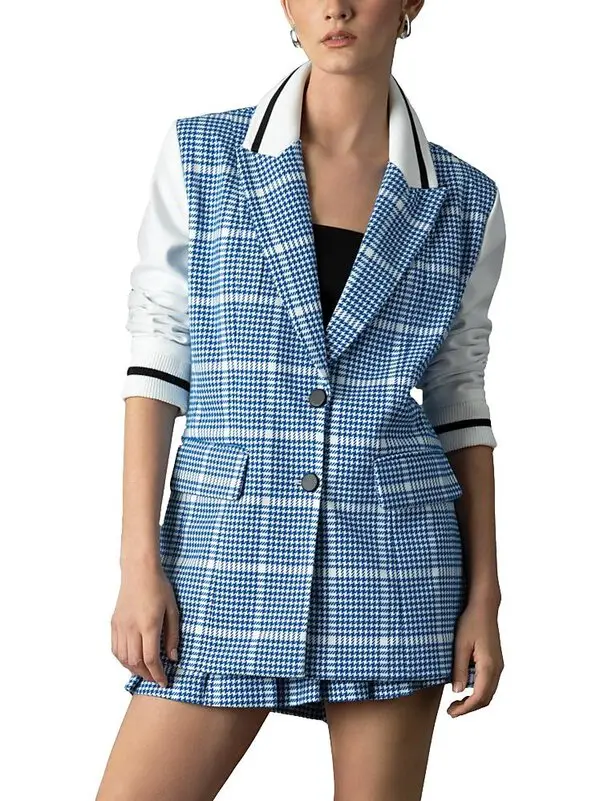 BLUE REVIVAL Varsity Mixed Media Blazer - Blue Houndstooth