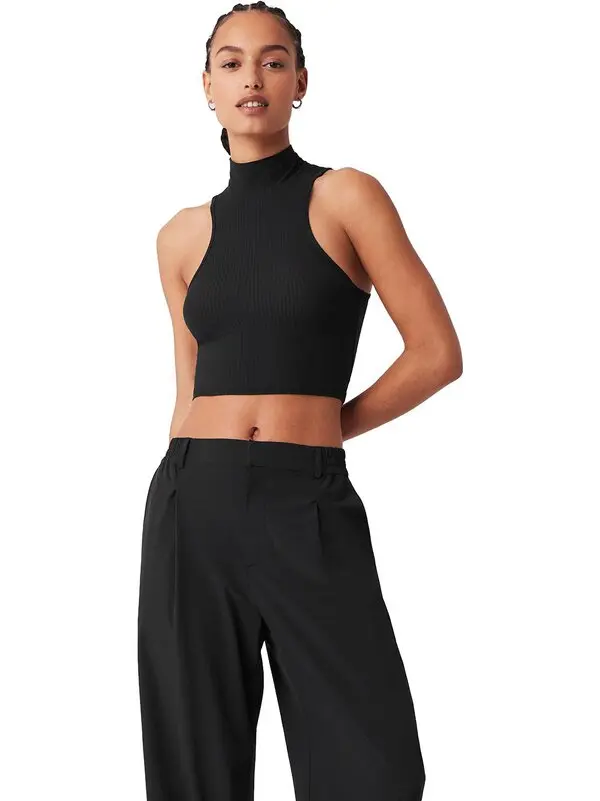 Alo Yoga Ribbed Sea Coast Cropped Turtleneck Tank Top - Black