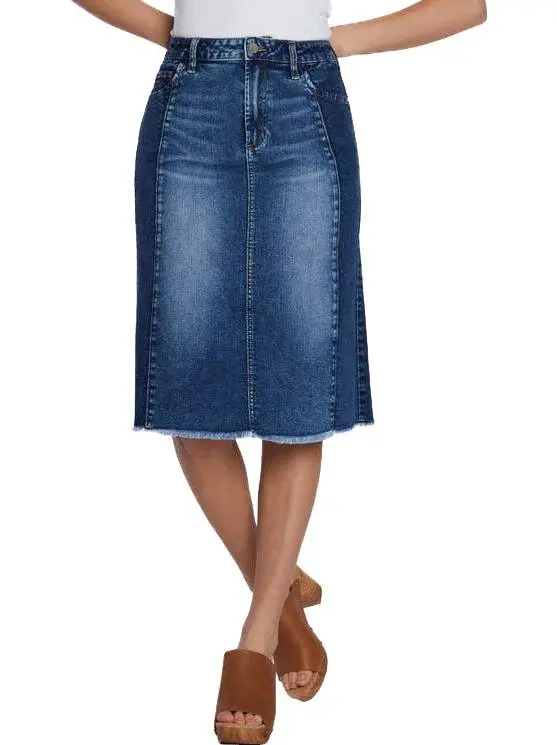 WASH LAB DENIM Two-tone Raw Hem Skirt - Polaris Blue Combo