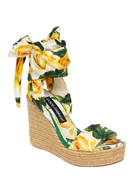 Dolce & Gabbana Floral Print Ankle Tie Wedge Sandal - Yellow Multi
