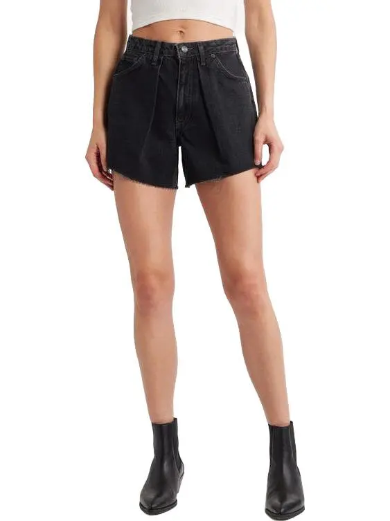Topshop Pleated Relaxed-fit Denim Shorts - Black