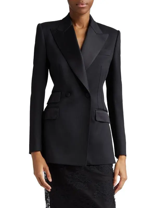 Dolce & Gabbana Double Breasted Wool Blend Tuxedo Jacket - Nero