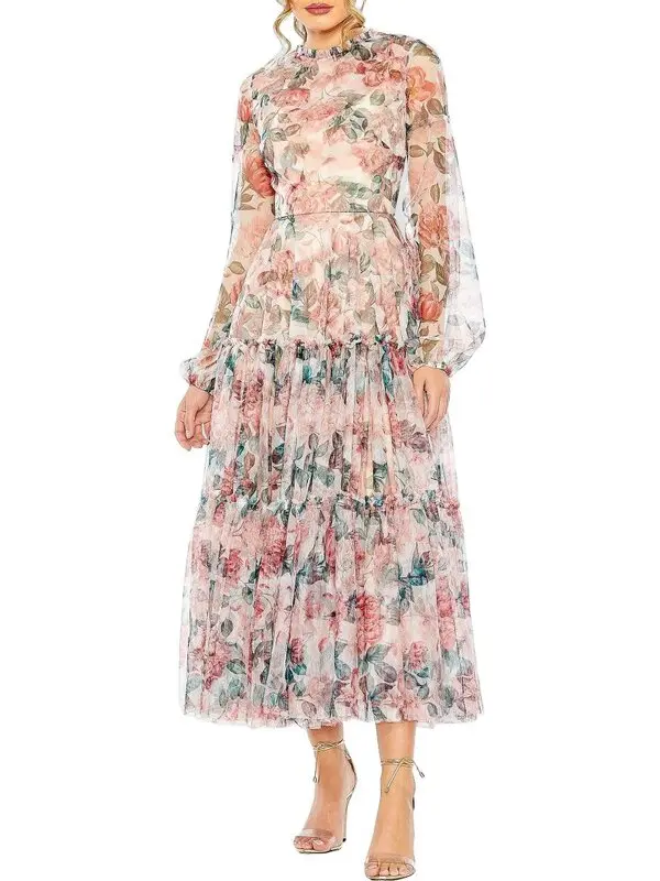 Mac Duggal Floral Chiffon Balloon-sleeve Midi-dress - White Multi