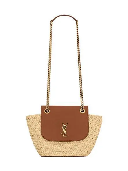 Saint Laurent Mini Panier Raffia Handbag - Natural + Brick Raffia And Leather/gold