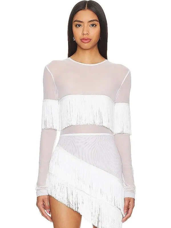 Norma Kamali Long Sleeve Crewneck Fringe Top - Snow White
