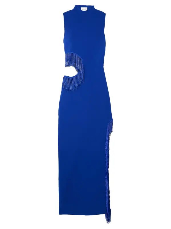 Galvan Nova Beaded Fringed Cutout Jersey Gown - Blue