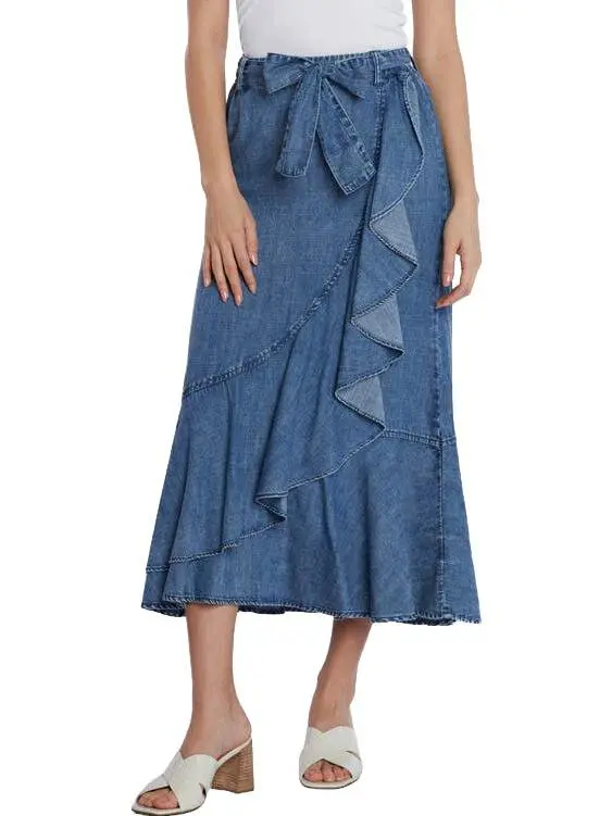 WASH LAB DENIM Ruffle Faux Wrap Midi Skirt - Tide Blue