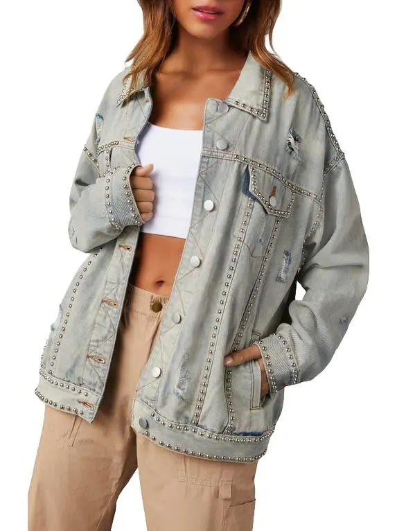 VICI Studded Distressed Denim Trucker Jacket - Light Wash
