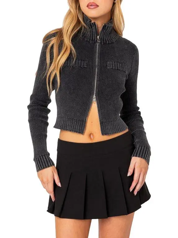 EDIKTED Torey Rib Cotton Zip Cardigan - Dark-gray
