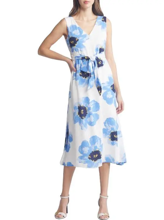 Anne Klein Floral Tie Belt Midi Dress - Bright White/shore Blue