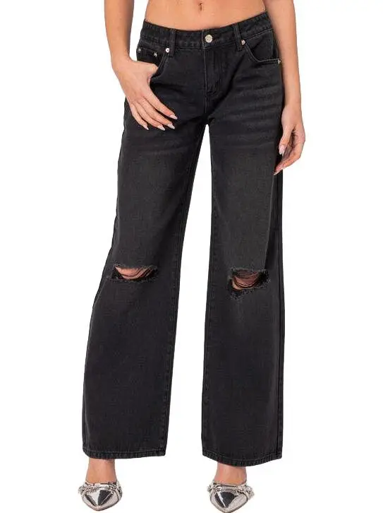 EDIKTED Debbie Ripped Low Rise Wide Leg Jeans - Black
