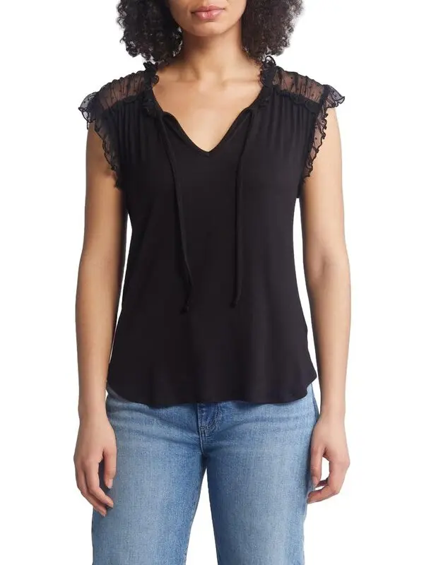 Loveappella Point D'esprit Ruffle Knit Top - Black