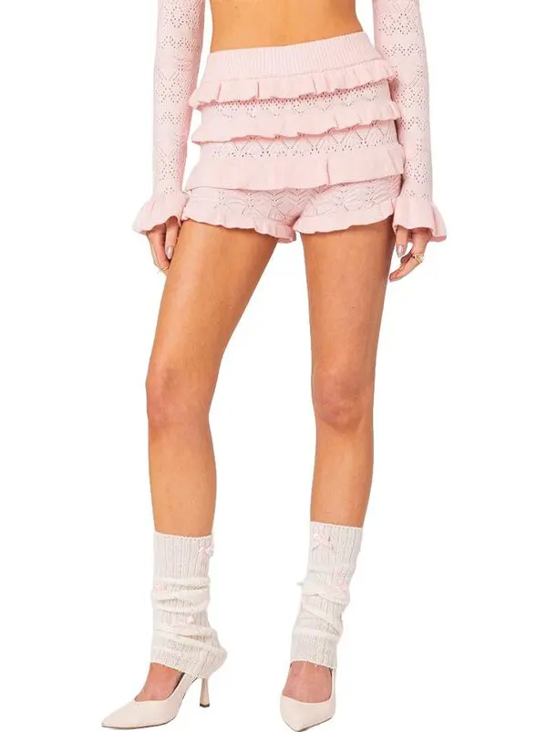 EDIKTED Lindsay Ruffle Knit Shorts - Light-pink