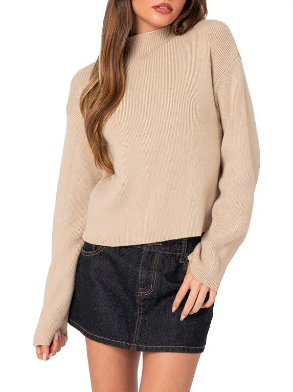 EDIKTED Kimberly Rib Funnel Neck Sweater - Beige