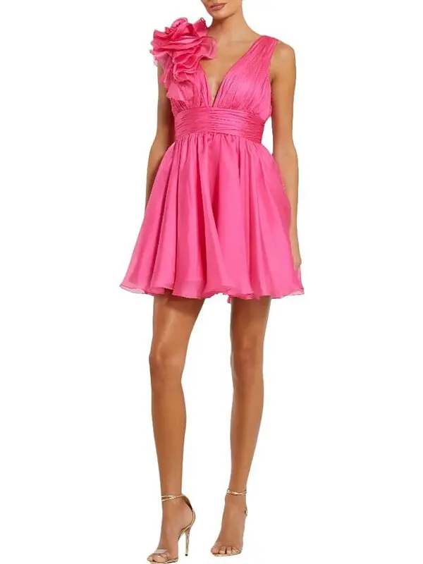 Mac Duggal Ruffle V-neck Mini Dress - Hot Pink
