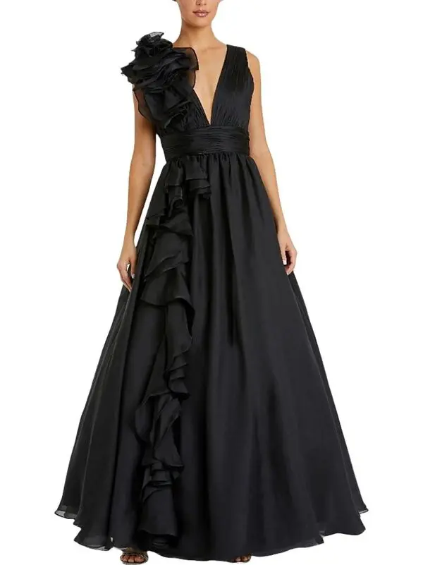 Mac Duggal Ruffled Shoulder V-neck Chiffon Gown - Black