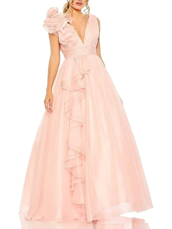 Mac Duggal Ruffle Shoulder V-neck Chiffon Gown - Blush