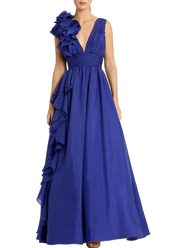 Mac Duggal Ruffled Shoulder V-neck Chiffon Gown - Cobalt