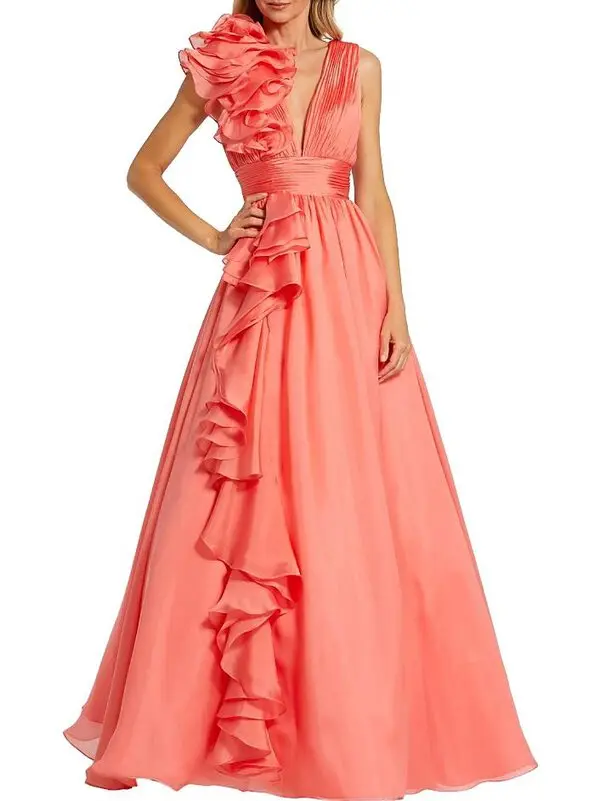 Mac Duggal Ruffled Shoulder V-neck Chiffon Gown - Coral