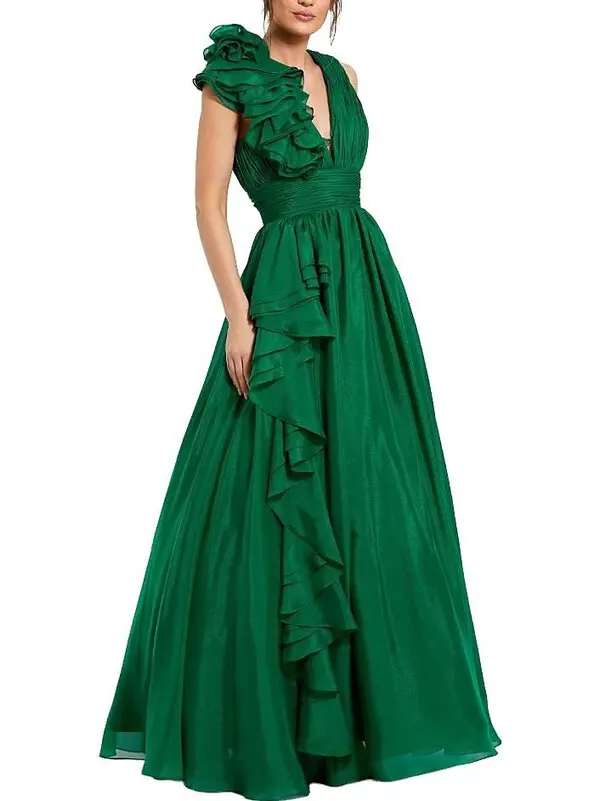 Mac Duggal Ruffle Shoulder V-neck Chiffon Gown - Emerald