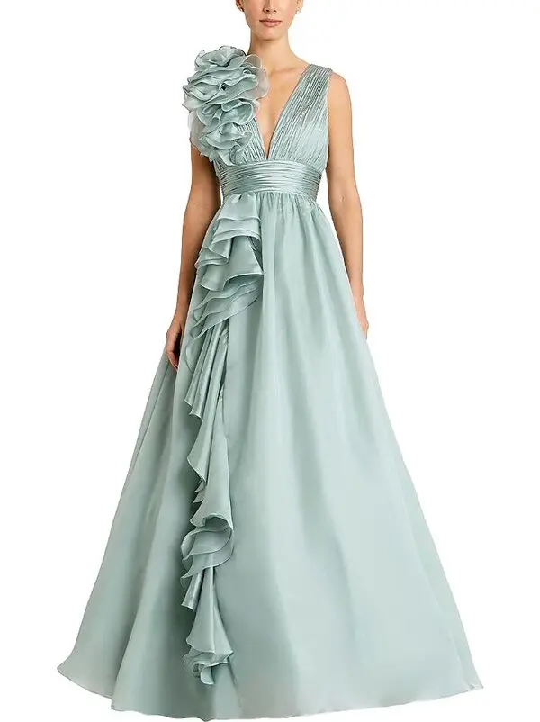 Mac Duggal Ruffled Shoulder V-neck Chiffon Gown - Mint