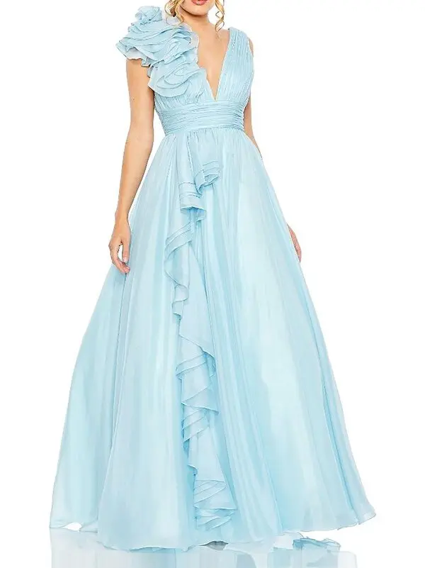 Mac Duggal Ruffle Shoulder V-neck Chiffon Gown - Powder Blue