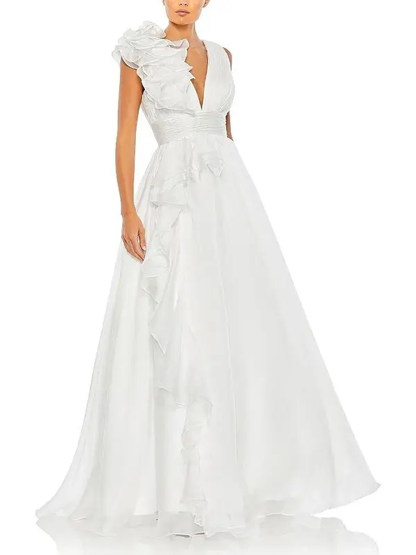 Mac Duggal Ruffled Shoulder V-neck Chiffon Gown - White