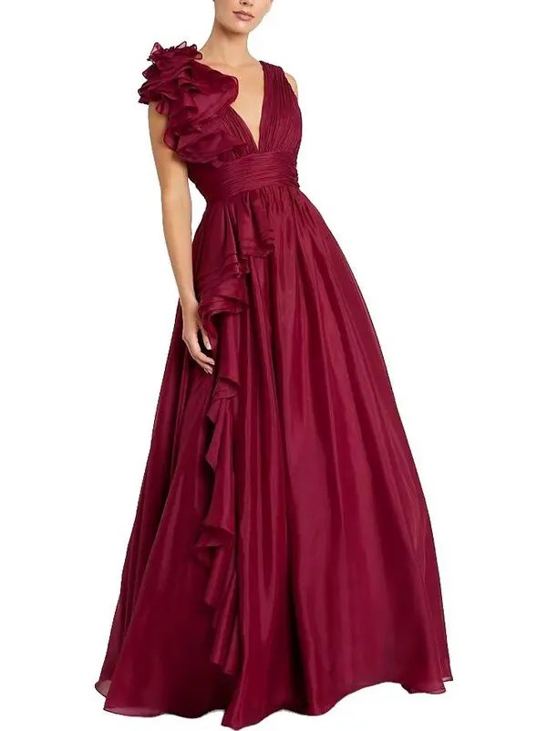 Mac Duggal Ruffle Shoulder V-neck Chiffon Gown - Wine