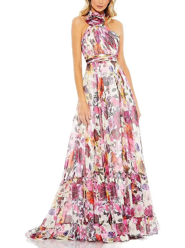 Mac Duggal Asymmetrical Ruffled Halter Floral Gown - White Multi