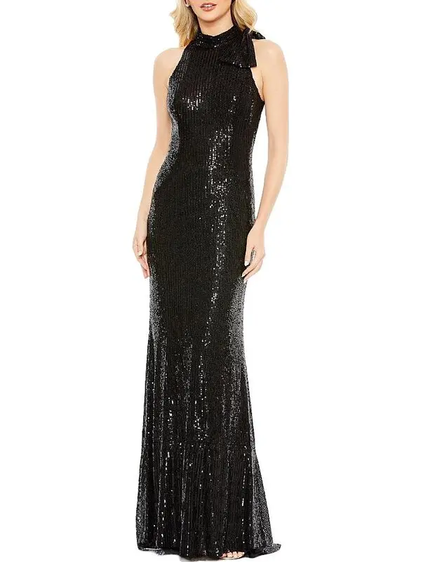 Mac Duggal Ieena Collection Sequined Halter Neck Column Gown - Black