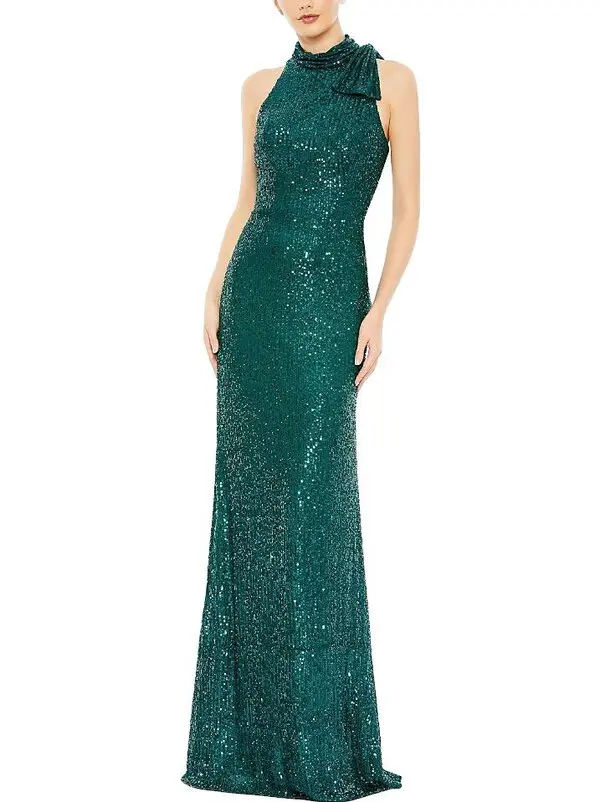 Mac Duggal Ieena Collection Sequined Halter Neck Column Gown - Teal